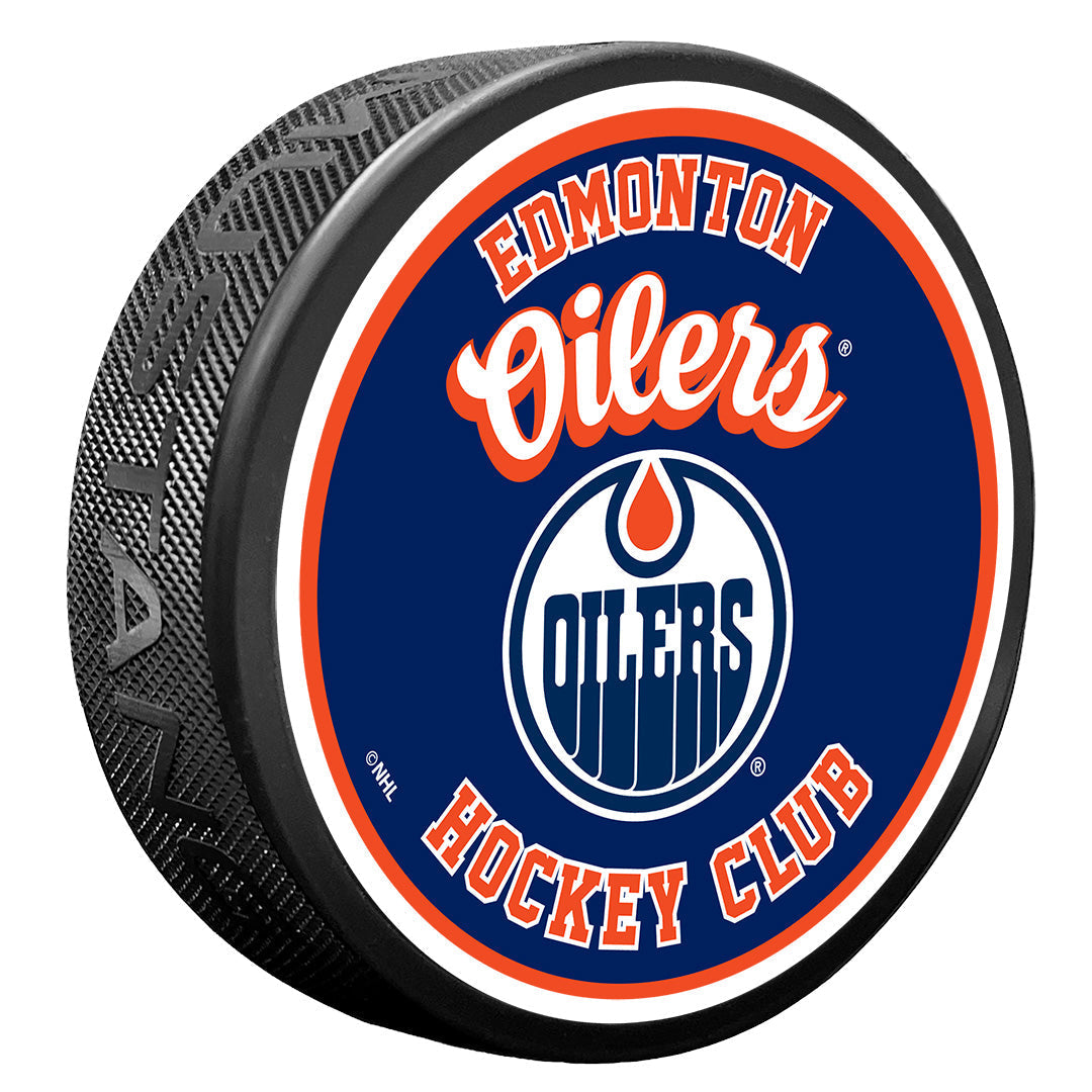 Edmonton Oilers Puck | Retro Script | Sports Decor – Hockey Hall of Fame