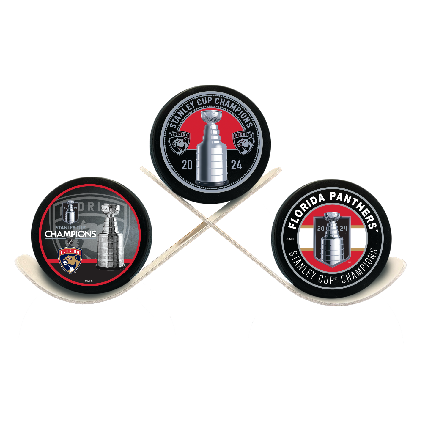 Florida Panthers 2024 Stanley Cup Champions 3 Puck Set with Metal Stan ...