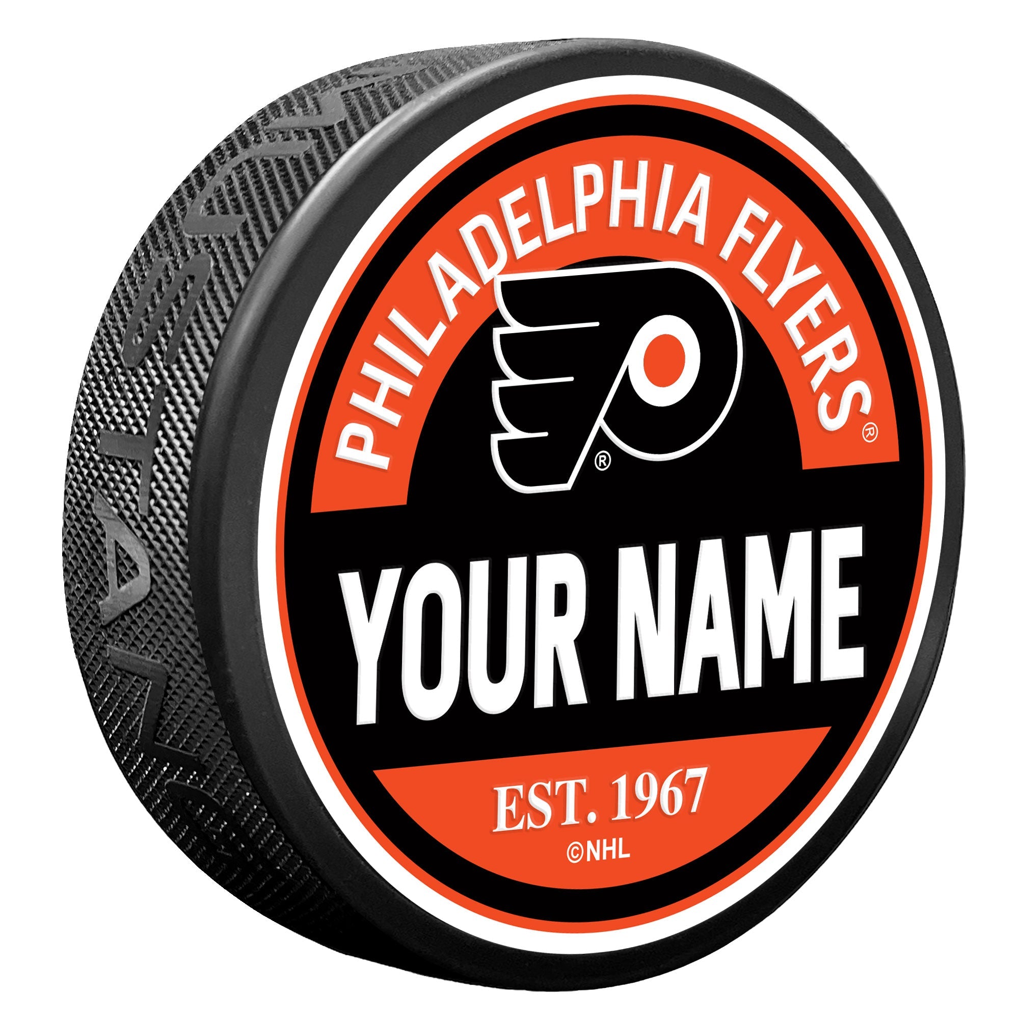 Philadelphia Flyers Block Textured Personalized Puck – Hockey Hall of Fame