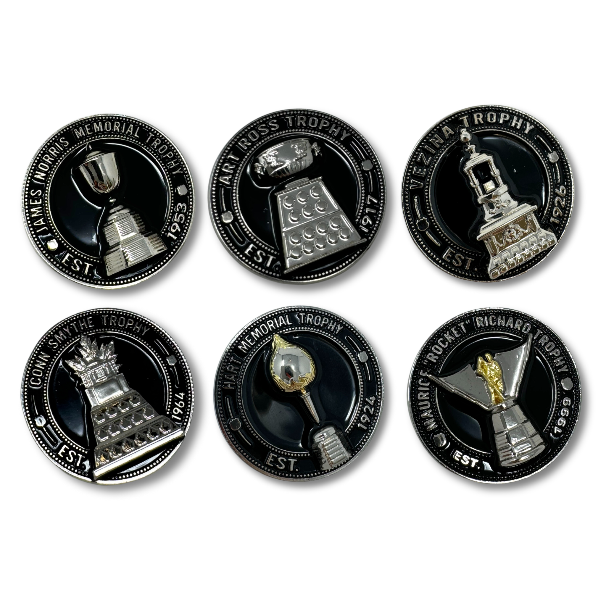 NHL Trophy Pin Set | 3D Silver Medallion 6-Piece | Hockey Hall of Fame