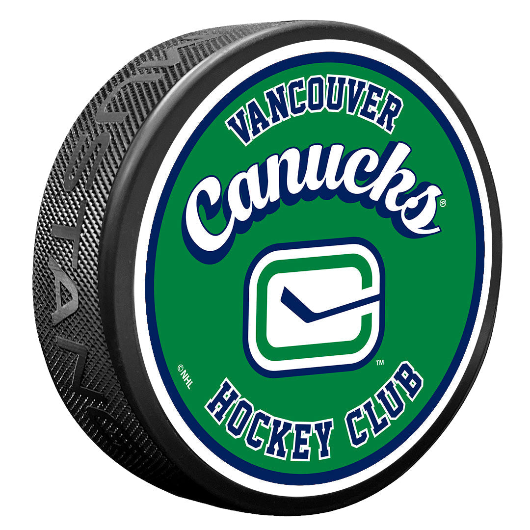 Vancouver Canucks Puck | Retro Script | Sports Decor – Hockey Hall of Fame